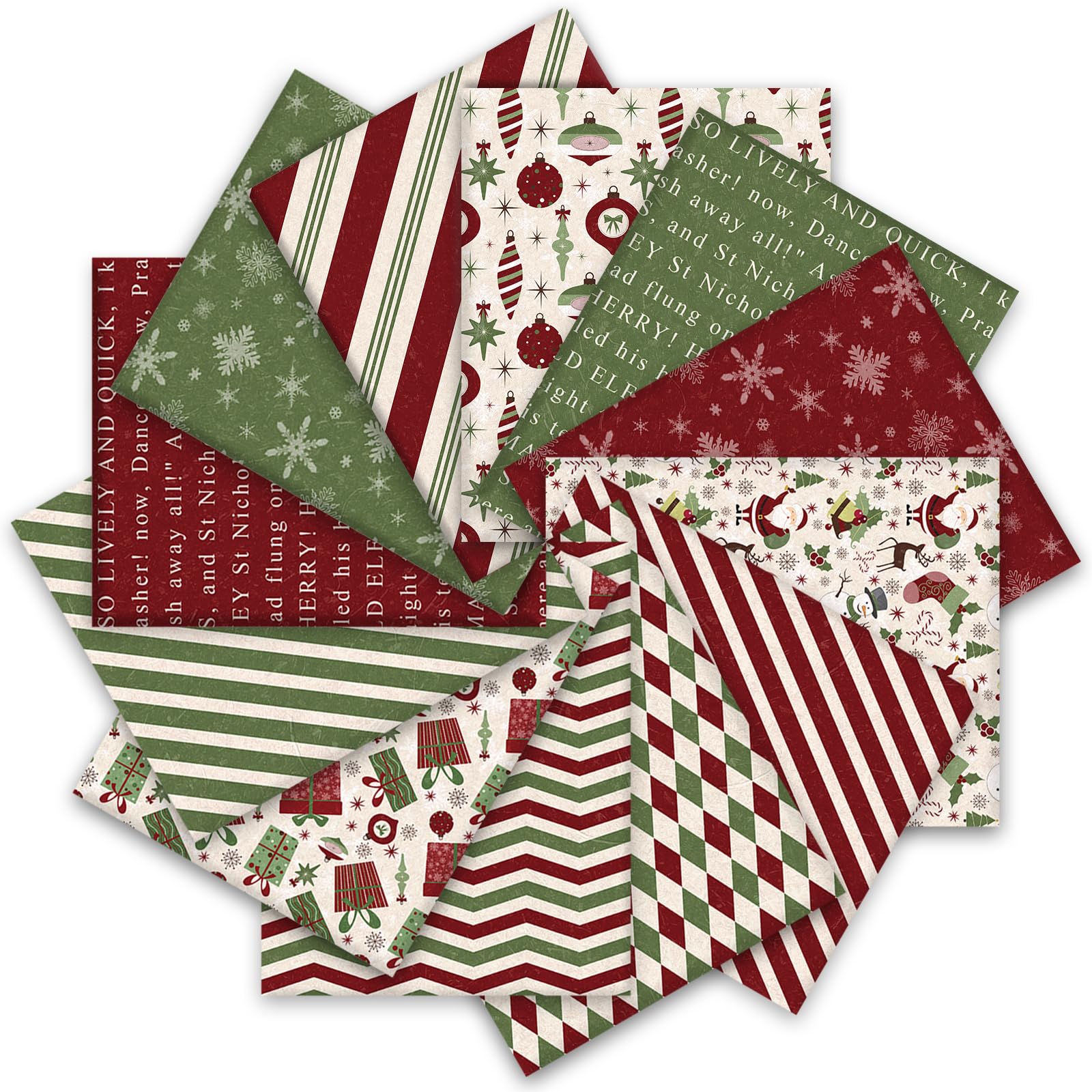 AnyDesign 12Pcs Christmas Cotton Fabric Bundles Xmas Plaid Stripe Snowflake Gift Printed Fat Quarters Holiday Sewing Fabrics for DIY Handmade Crafting, 18 x 22 Inch