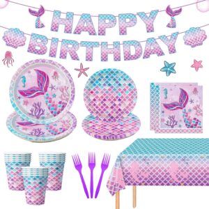 122Pcs Mermaid Birthday Party Decorations Set Mermaid Party Supplies Includes Plates, Napkin, Fork, Cup, Tablecloth, Banner for Baby Shower Ocean Birthday Party Decorations, Serves 24