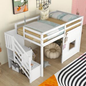 Bellemave Twin Size Low Loft Bed for Kids,Twin Loft Bed with Storage Staircase and Window,Wooden Bed Frame for Teens, Boys, Girls(White)