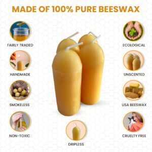 BeeTheLight Beeswax Lantern Candles (3.5" x 1.25") - Smokeless Unscented Candle - 12 Hours Burn Time Each - Natural & Pure Beeswax Candle - Handmade Camping Candle for Lanterns & Chandeliers