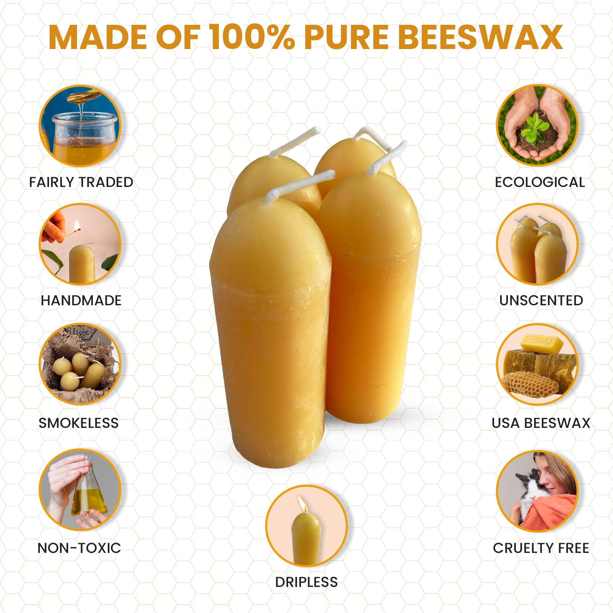 BeeTheLight Beeswax Lantern Candles (3.5" x 1.25") - Smokeless Unscented Candle - 12 Hours Burn Time Each - Natural & Pure Beeswax Candle - Handmade Camping Candle for Lanterns & Chandeliers