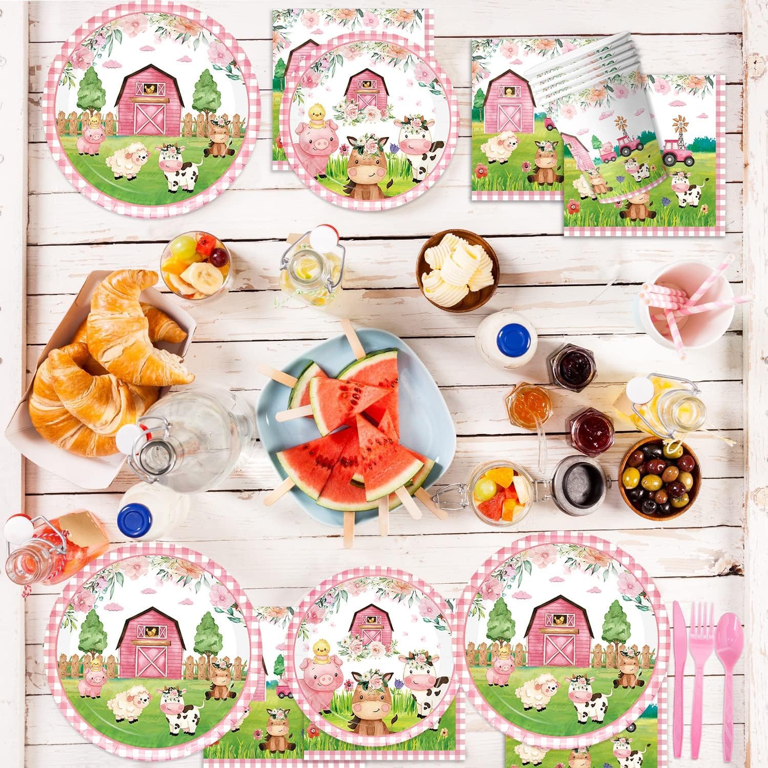 171Pcs Farm Animals Party Supplies Tableware Set Cute Pink Animal Baby Shower Includes Plate Napkins Cups Farm Tablecloth Banner for Farm Birthday Party Barn Animal Theme Party