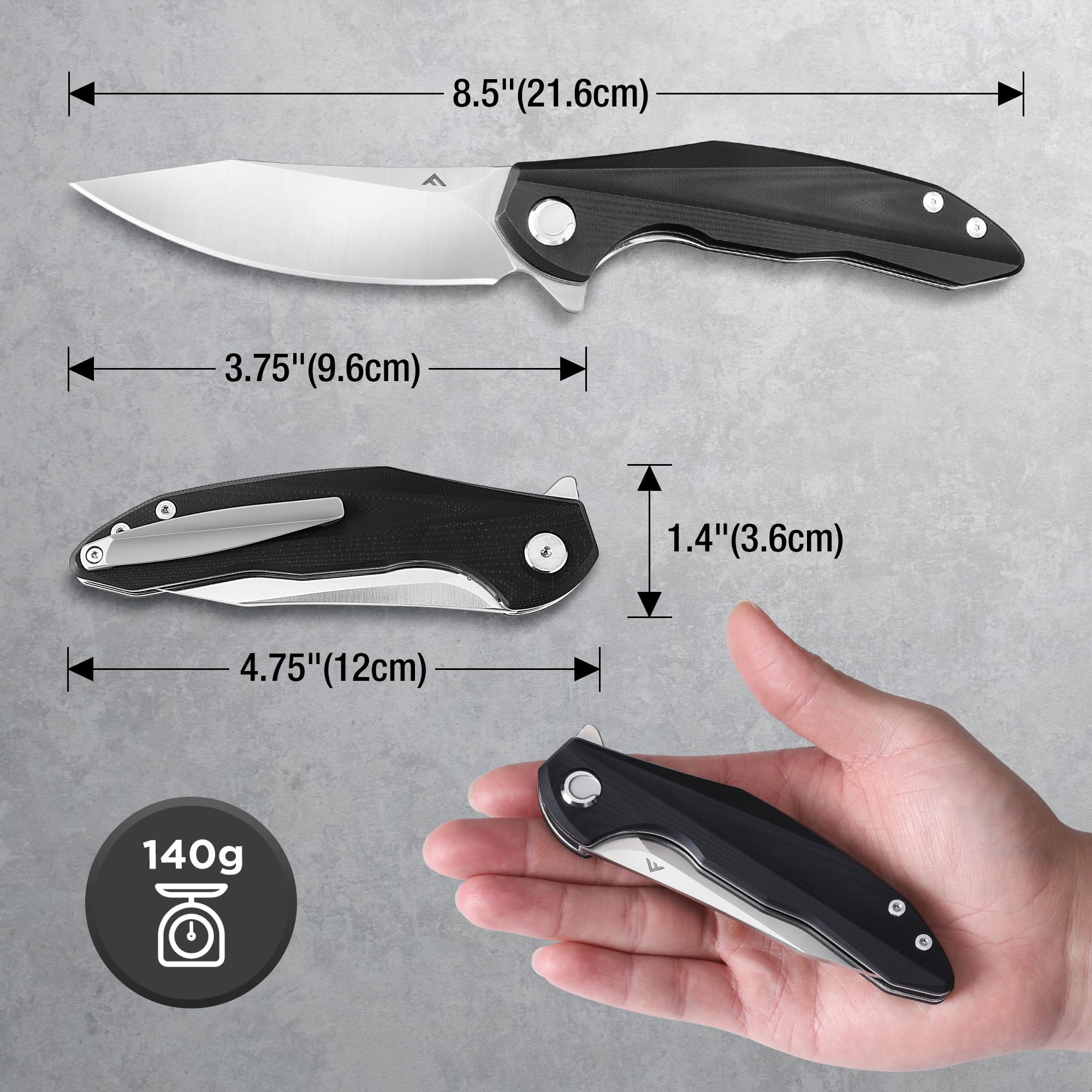 FLISSA Folding Pocket Knife, 3.75" D2 Steel Blade, G10 Handle, EDC Knife with Pocket Clip for Men, Ball Bearings Pivot, Assisted One-Handed Flipper Opening, Liner Lock, Sharp Camping Survival Hiking Knives