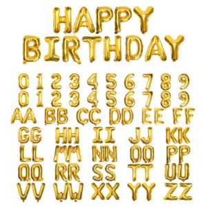 [85 pcs] 16" gold letter number balloons, happy birthday & 2 sets of a-z 0-9, foil mylar aluminum hanging alphabet for graduation new year eve birthday party decorations