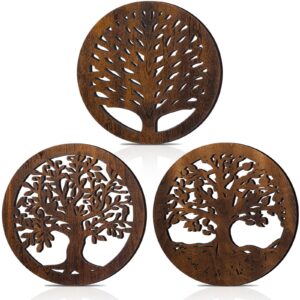 beeveer 3 pcs life tree wooden trivets round plates hot dishes trivet heat resistant hot pan holder winter 8 inch(brown)