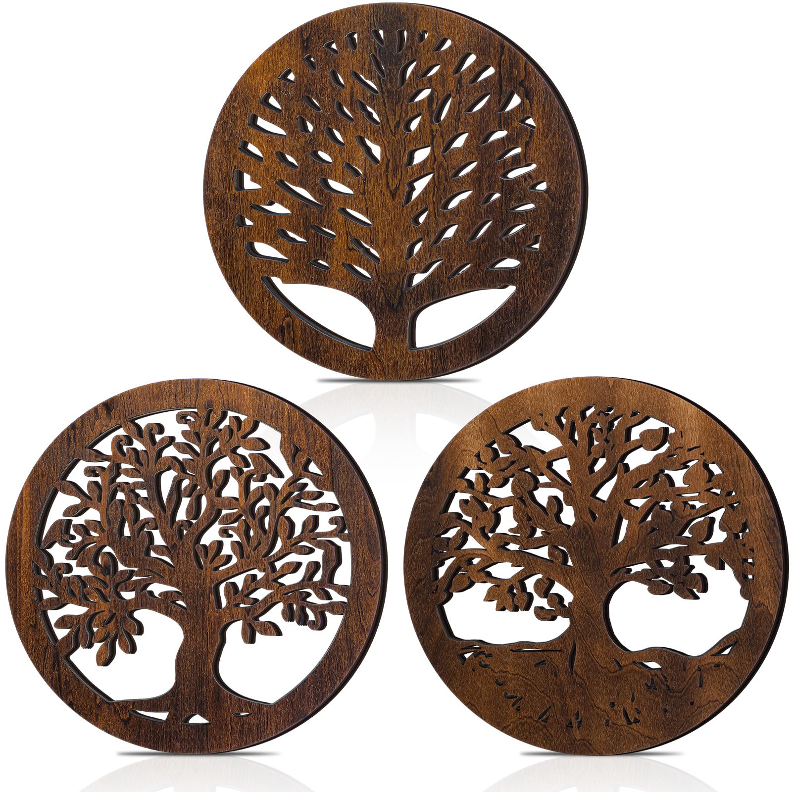 Beeveer 3 Pcs Life Tree Wooden Trivets Round Plates Hot Dishes Trivet Heat Resistant Hot Pan Holder Winter 8 Inch(Brown)