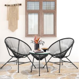 Acapulco Patio Bistro Set 3-Piece Outdoor Furniture Set All-Weather Woven Rope Patio Conversation Set with Glass Top Table and 2 Chairs (Black)