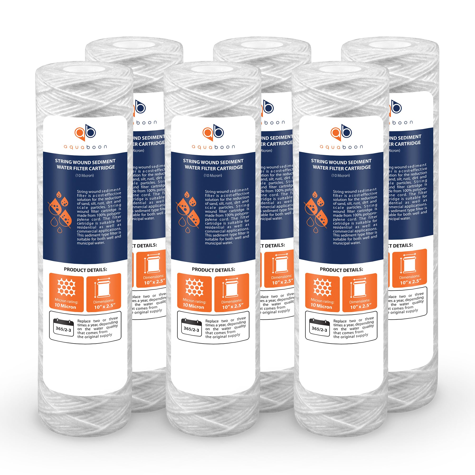 Aquaboon String Wound Water Filter Cartridge - Whole House 10 Micron Water Filter 10 x 2.5 Replacement for Well Filter Matches WHKF-WHSW, P5, 6-Pack