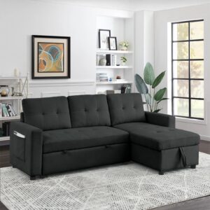 antetek reversible sleeper sectional sofa with pull-out bed, comfy tufted l-shaped sectional sofa couch bed with storage chaise side pocket, furniture set for living room, small space, black