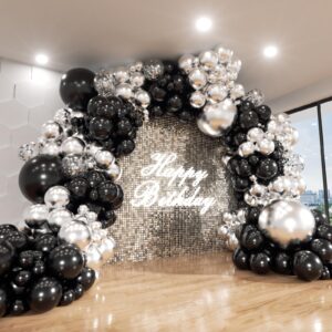 adoinby black and silver balloon arch kit, 140pcs different sizes inch black metallic silver balloons and confetti party balloon garland kit for birthday, wedding, graduation, anniversary decorations