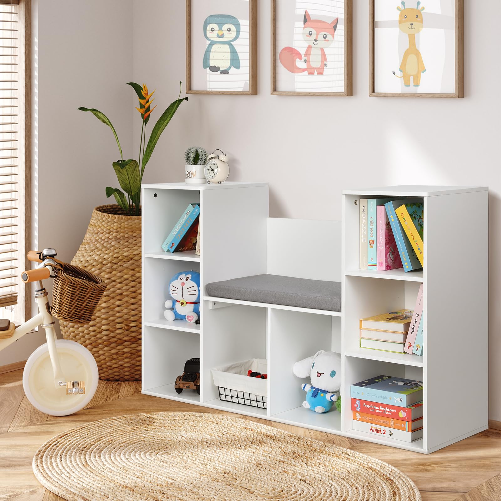 Cowiewie Kids Bookshelf with Reading Nook, 8-Cubby Toy Storage Organizer with Seat Cushion, Toy Storage for Bedroom, Playroom, Kids Room, 13.39" D x 47.24" W x 29.92" H, White