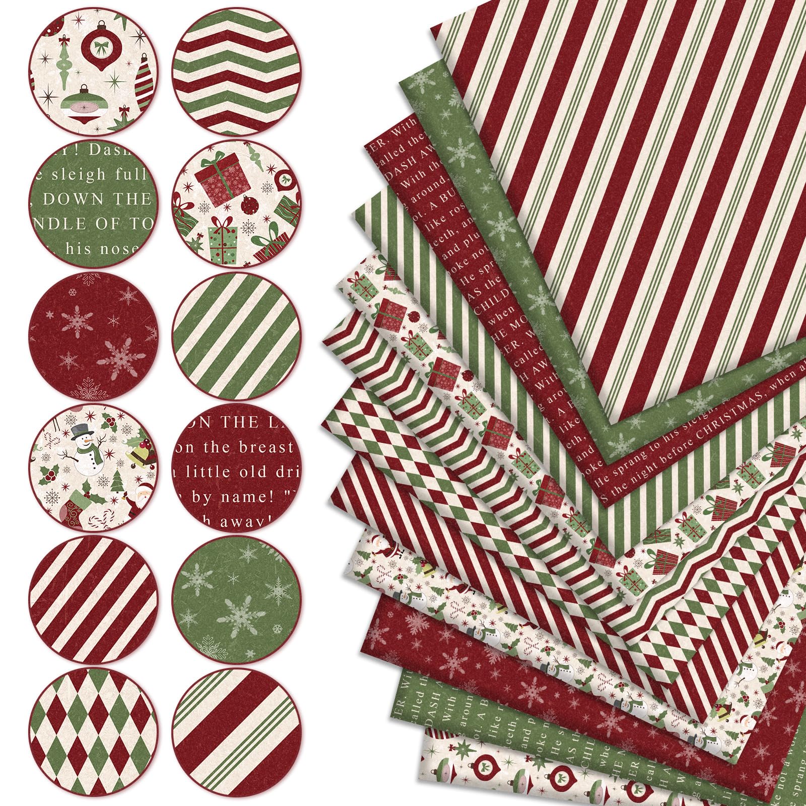 AnyDesign 12Pcs Christmas Cotton Fabric Bundles Xmas Plaid Stripe Snowflake Gift Printed Fat Quarters Holiday Sewing Fabrics for DIY Handmade Crafting, 18 x 22 Inch