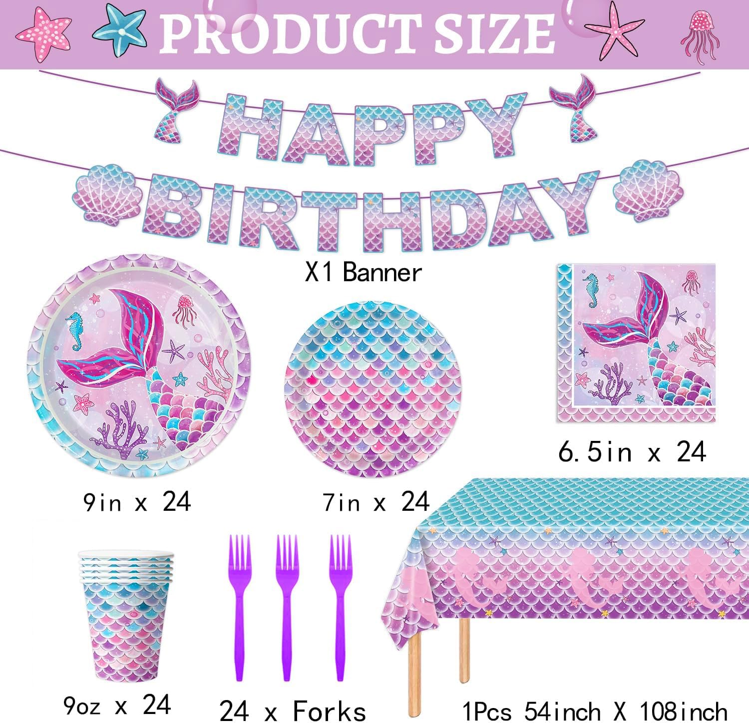 122Pcs Mermaid Birthday Party Decorations Set Mermaid Party Supplies Includes Plates, Napkin, Fork, Cup, Tablecloth, Banner for Baby Shower Ocean Birthday Party Decorations, Serves 24