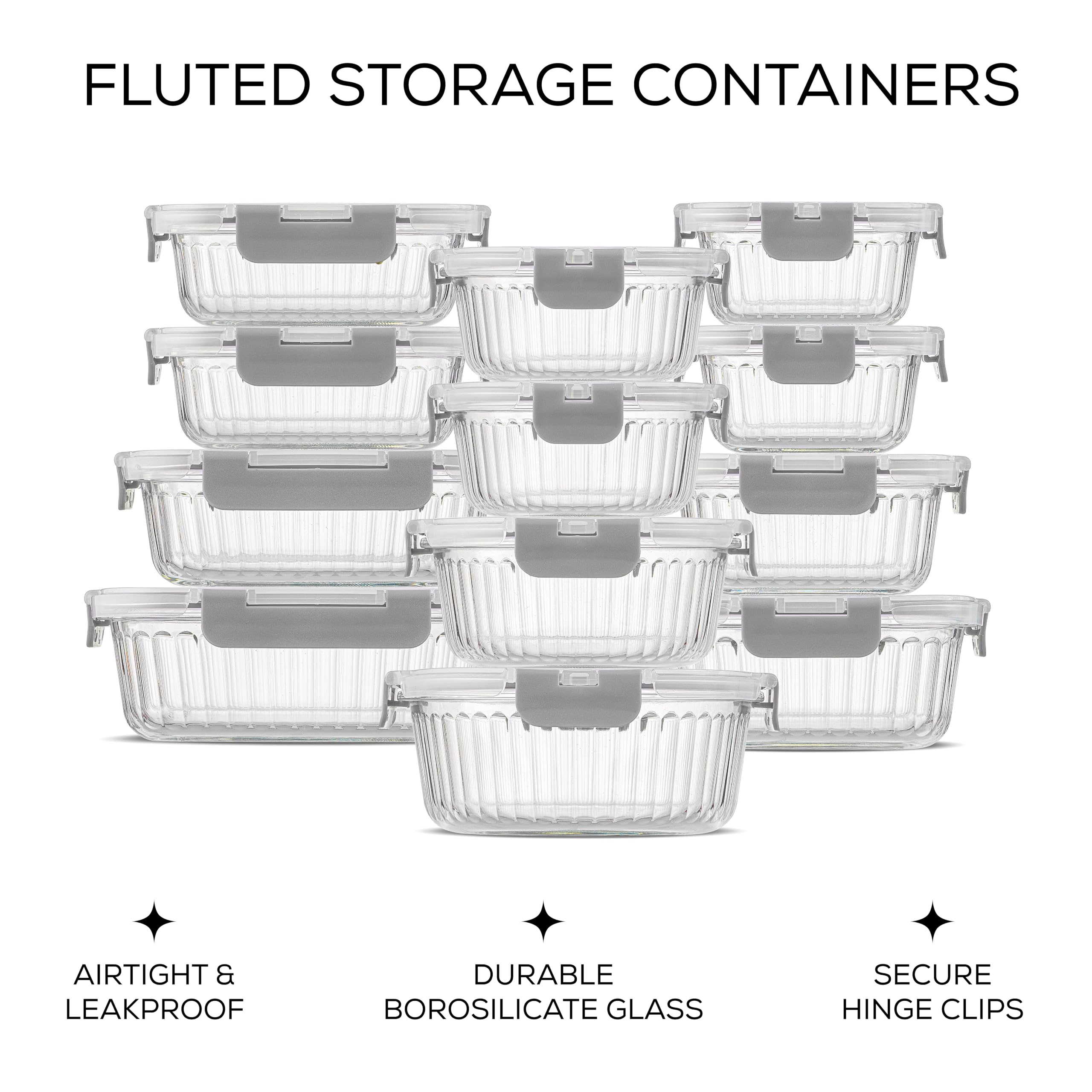 JoyJolt 24pc Fluted Glass Storage Containers with Lids. 12 Airtight, Freezer Safe Food Storage Containers, Pantry Kitchen Storage Containers, Glass Meal Prep Containers for Lunch