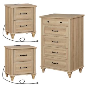 wampat 3 piece dresser and nightstand sets, farmhouse dresser & chest of drawers with 5 drawers & metal handle, set of 2 nightstands end table with charging staion, 3 piece bedroom set, oak