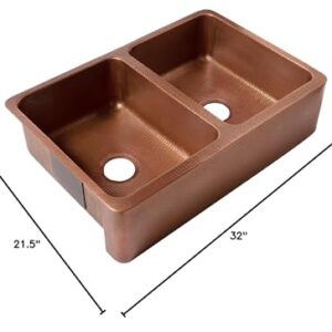 Sinkology Lange Copper 32" Double Bowl Undermount Farmhouse Apron Kitchen Sink