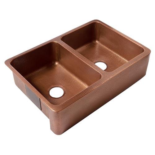 Sinkology Lange Copper 32" Double Bowl Undermount Farmhouse Apron Kitchen Sink