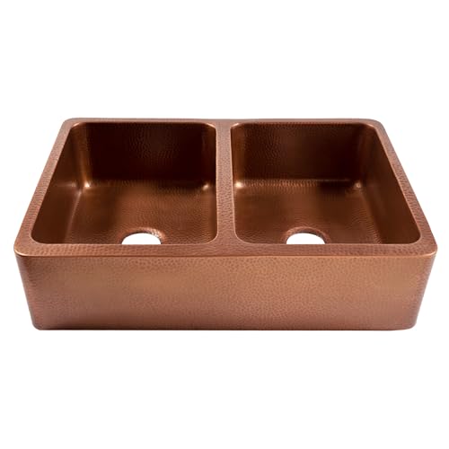 Sinkology Lange Copper 32" Double Bowl Undermount Farmhouse Apron Kitchen Sink