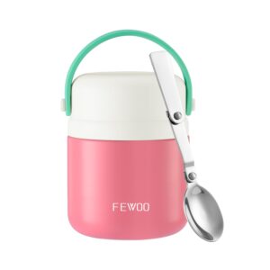 fewoo food jar, 13.5oz insulated lunch soup container for hot cold food for kids adults, leak proof vacuum stainless steel food jar with folding spoon for school travel outdoors (green-pink)