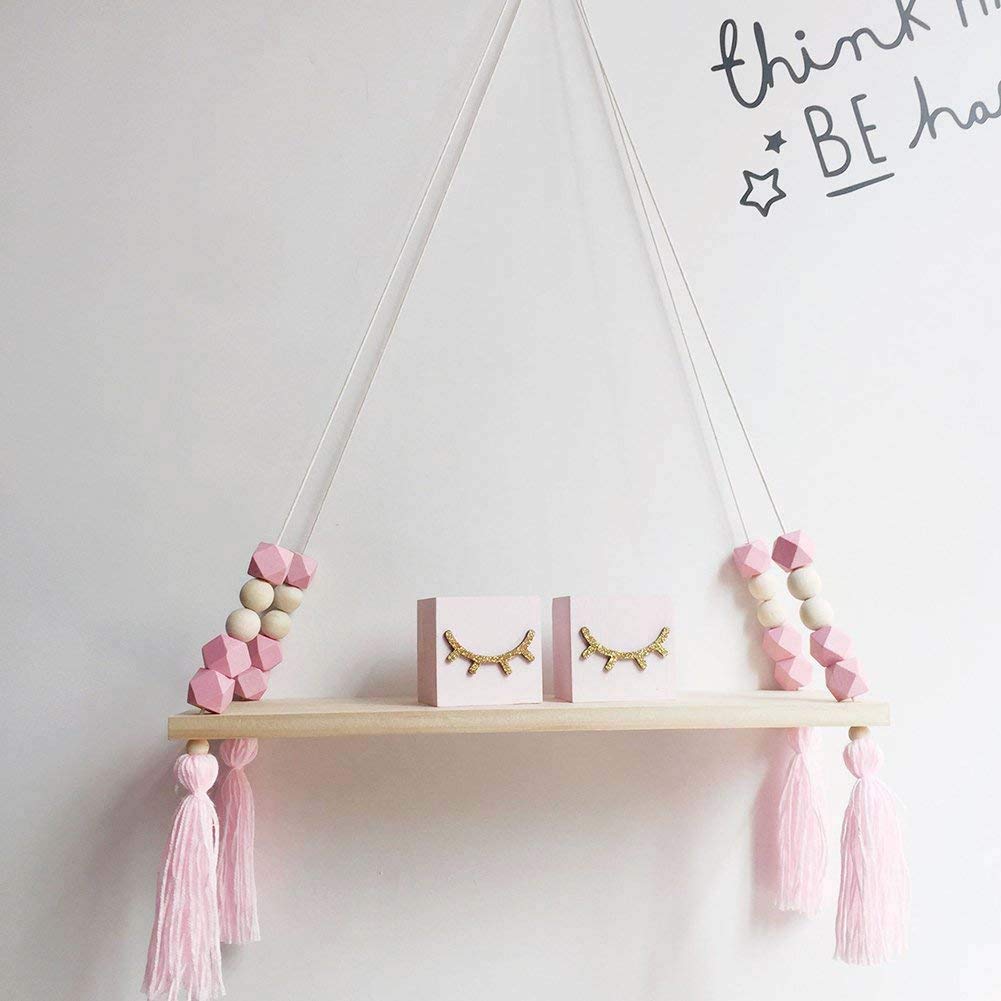 Floating Shelf, Wall Shelf Child Decorative Shelf Hanging with Rope and Wooden Board Princess Bedroom Wall Mounted Shelf for Bathroom Decor, Bedroom, Living Room and Plants (Pink)