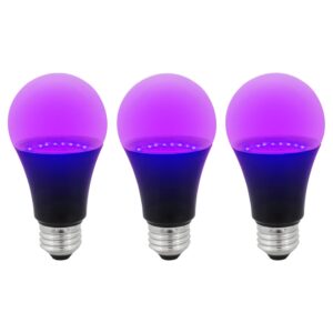 sunlite led a19 black light uv bulb, 7w (60w equiv.), medium e26 base, non-dimmable, 390-405nm wavelength, ideal for black light room decor, halloween decorations, indoor uv decor, ul listed, 3 pack