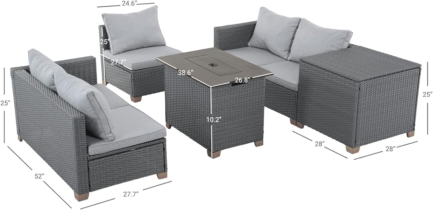 Grand patio 5-Piece Outdoor Sectional Sofa Sets, All-Weather Wicker Patio Furniture Sets with Fire Pit Table and Outdoor Storage Box for Backyard Garden Poolside(Greige)