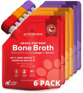 primalvore free-range bone broth for dogs &cats, mobility formula w/collagen peptides to help support hip & joints, digestion, skin & coat and hydration, human grade, mixed pack