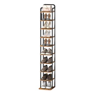 Hzuaneri Vertical Shoe Rack, Shoe Shelves, Wood Shoe Organizer for Closet, Entryway, Shoe Tower for Small Spaces, Free Standing, Adjustable, with 2 Hooks, 10 Tier Rustic Brown SR11201B