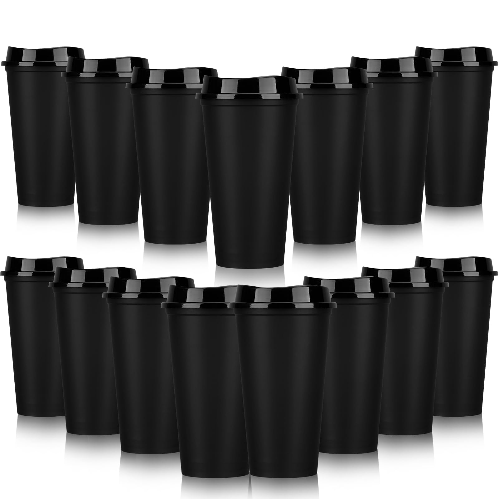 Domensi 15 Pack Reusable Plastic Coffee Cups, 16 oz, BPA Free, Travel Mug with Lid, Leak Proof, Spill Proof, for Hot and Cold Drinks (Black)