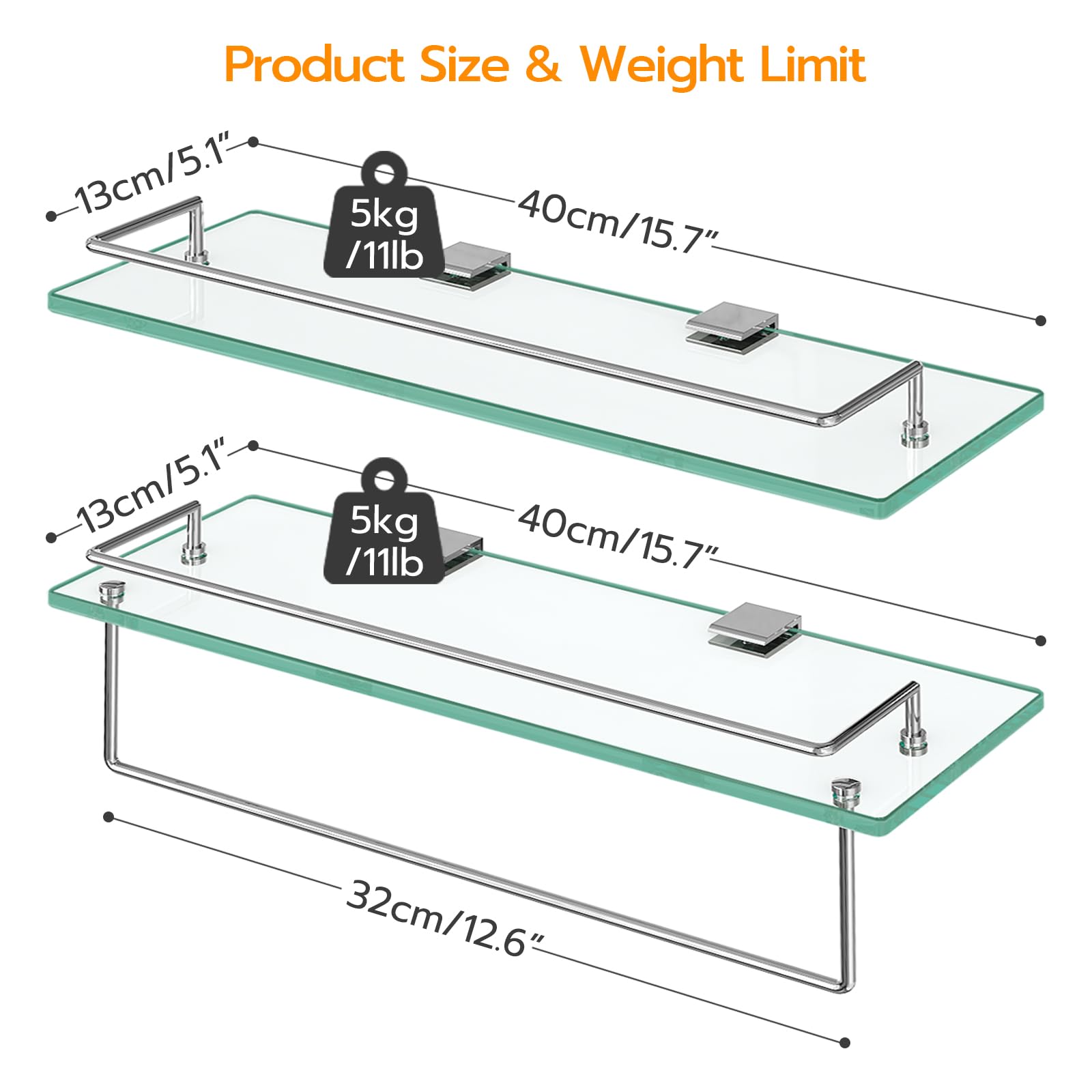 HOOBRO Glass Shelves for Bathroom, 15.7 Inch Floating Glass Shelves for Wall, Set of 2 Tempered Glass Shelf Stainless Steel Floating Shelves for Bathroom, Toilet, Room Decor, Silver SV02BJ01