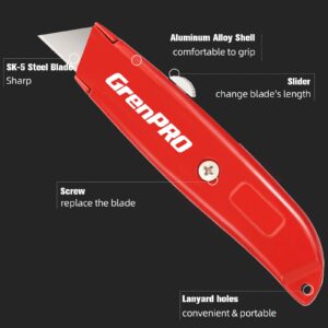 GRENPRO 12 Pack Utility Knife, Portable Box Opening Knife, Retractable Blade SK5 4 Color Heavy Duty Aluminum Shell Utility Knife for Cartons, Cardboard and Boxes，Extra 20PCS Trapezoid Blades Included