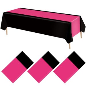 vitalcozy 3 pack disposable plastic tablecloth plastic table runner rectangle table covers for wedding birthday party decorations 51" x 108" (hot pink and black)