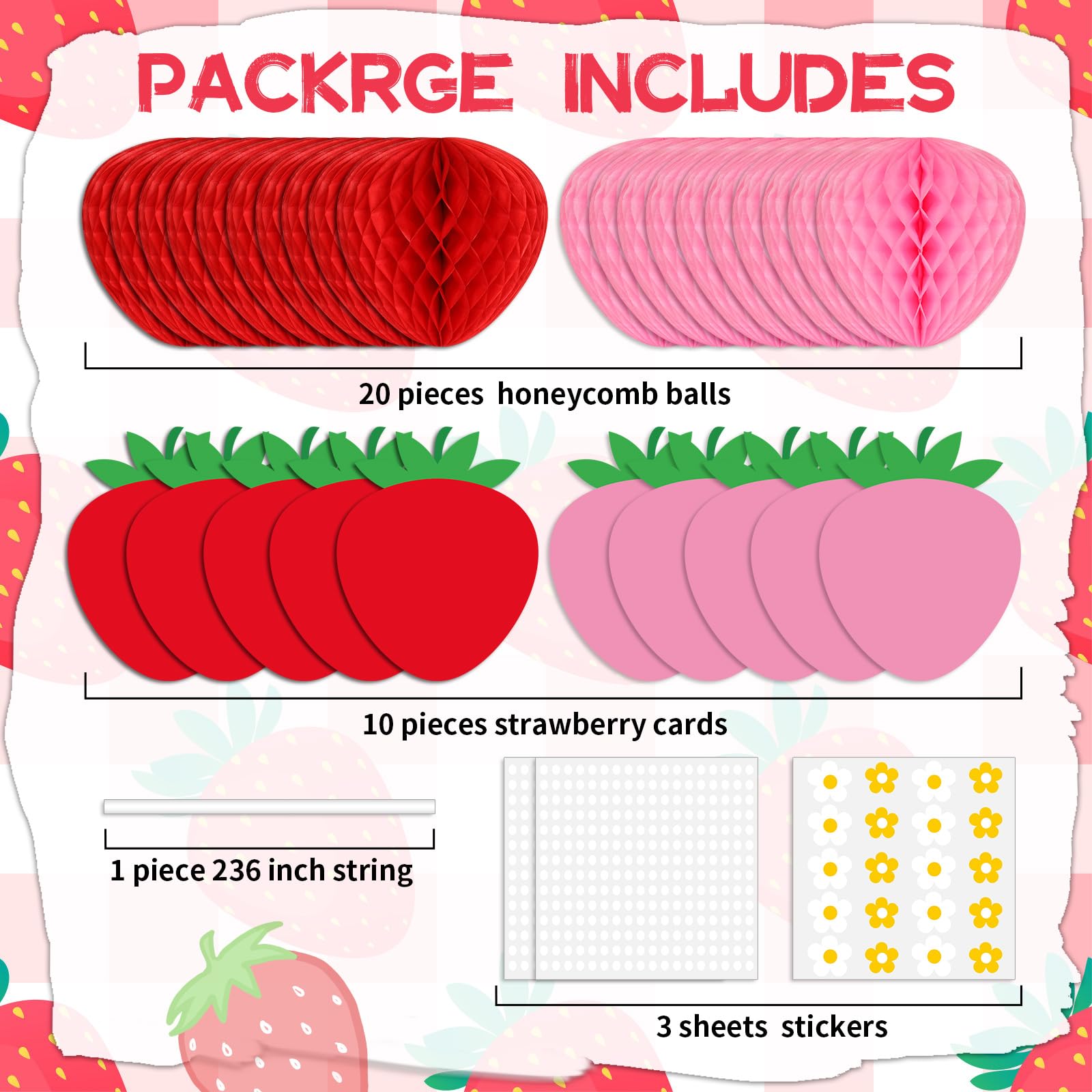 10 Pcs Strawberry Honeycomb Balls Strawberry Birthday Party Decorations Fruit Theme Table Centerpieces Tissue Paper Honeycomb Hanging Decors Strawberry Party Supplies for Baby Shower