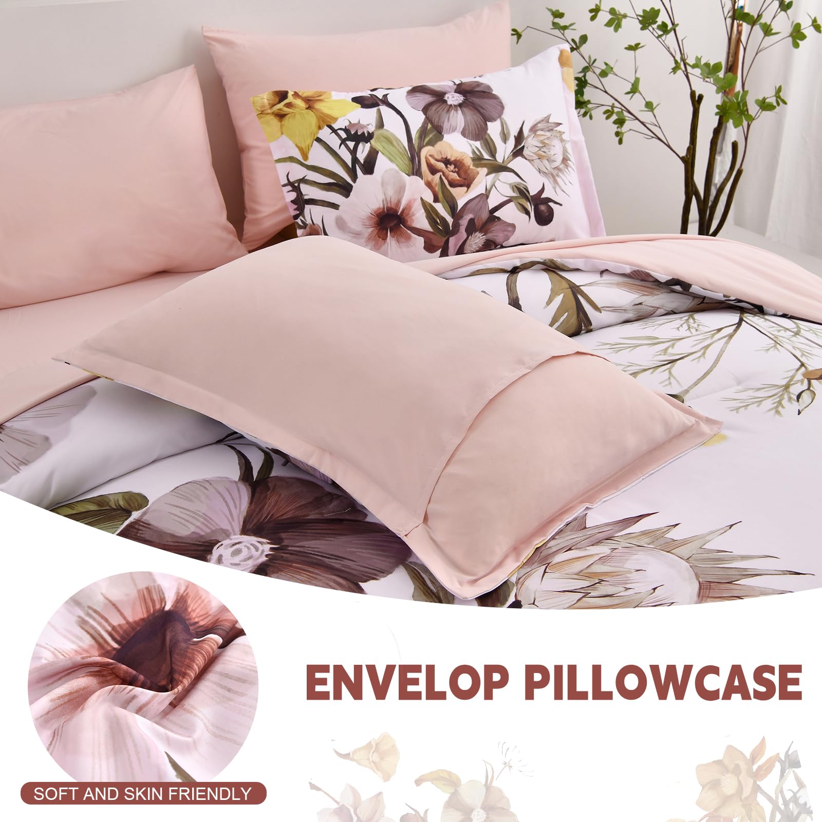 Drucon Duvet Cover Queen Size,Reversible 3 Pieces Floral Duvet Cover Set,Blush Bedding Set for All Season,Soft and Breathable Bedding Set with Zipper Closure & Corner Ties(Queen, 90"x90")