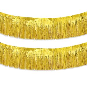 gold foil fringe garland 10ft 2packs, metallic foil tinsel fringe banners for parade float decorations wedding, birthday party graduation (two gold)