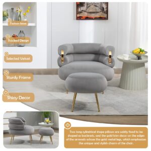 Antetek Modern Velvet Accent Chair with Ottoman, Upholstered Sofa Chair with Stylish Golden Decor, Comfy Arm Chair Leisure Lounge Chair for Living Room, Bedroom, Office, Grey