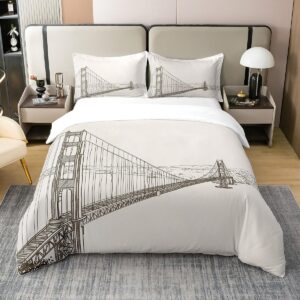 golden gate bridge 100% natural cotton duvet cover queen, san francisco bedding set, hand drawn american theme architecture comforter cover, ocean mountain bedroom decor vintage grey quilt cover