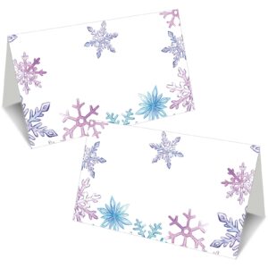 whaline 50pcs christmas place cards blue purple snowflake seating tent name cards xmas blank folded seat assignment setting label for wedding baby shower party supply