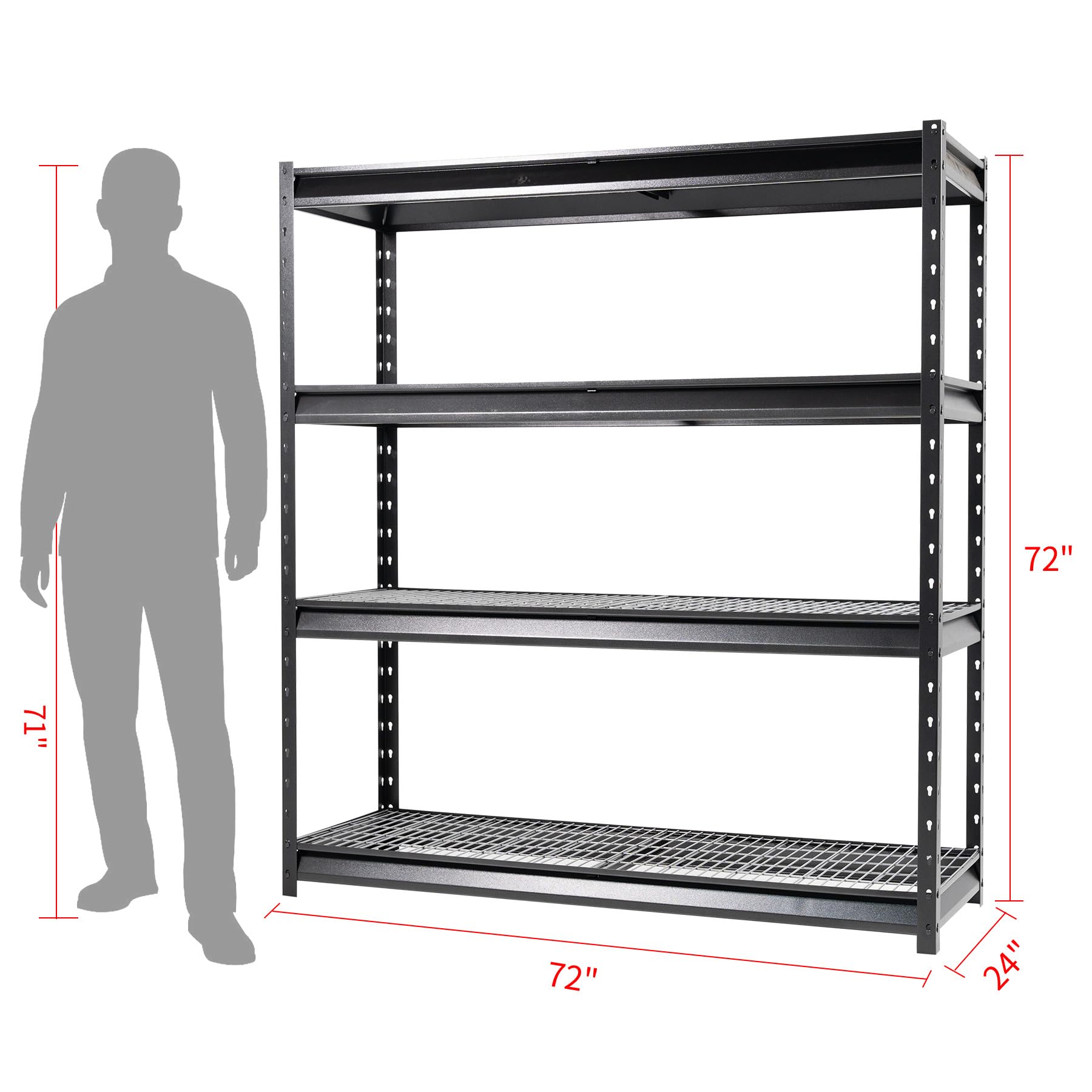 Shuntong The Atlas 72" W Heavy Duty Garage Shelving Load 8000 Lbs, 4 Tier Metal Storage Shelves, Adjustable Industrial Steel Rack for Warehouse Basement Shop, 72" W x 24" D x 72" H, Black