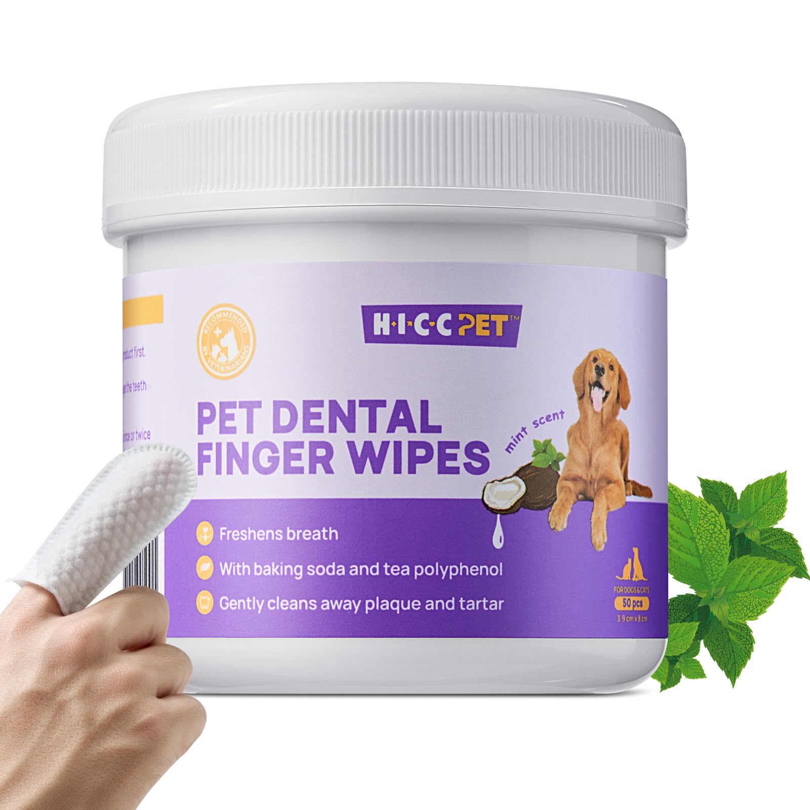 HICC PET Teeth Cleaning Wipes for Dogs & Cats, Remove Bad Breath by Removing Plaque and Tartar Buildup, Disposable Dog Finger Toothbrush Gentle Pet Dental Care Wipes, 50 Counts, (Mint Scent)