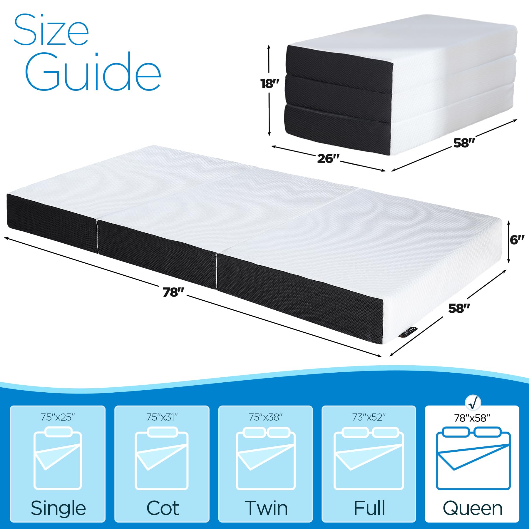 Roxzo Folding Mattress Queen Size,6 inch Tri-fold Memory Foam Mattress Topper with Washable Cover, Non-Slip Bottom Mattress Guest Bed Queen Size, 78" x 58" x 6"