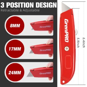 GRENPRO 12 Pack Utility Knife, Portable Box Opening Knife, Retractable Blade SK5 4 Color Heavy Duty Aluminum Shell Utility Knife for Cartons, Cardboard and Boxes，Extra 20PCS Trapezoid Blades Included