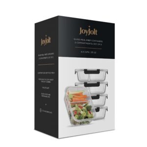 JoyJolt Divided Food Storage Containers with Lids Airtight. 5 Pack Glass Meal Prep Containers 2 Compartment Set Glass Bento Box. Reusable Food Containers, Portion Control Containers for Weight Loss