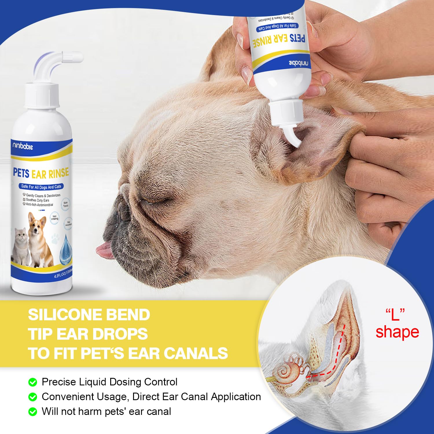 Ninibabie Ear Cleaning Solution for Dogs and Cats,Dog Ear Infection Treatment,Removes Wax and Odor with Pet Large Cotton Swabs 60pcs,Helps for Dog Ear Wash&Cat Ear Cleaner