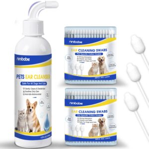 ninibabie ear cleaning solution for dogs and cats,dog ear infection treatment,removes wax and odor with pet large cotton swabs 60pcs,helps for dog ear wash&cat ear cleaner