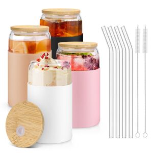 sungwoo glass cups with bamboo lids and straws, 16oz ice coffee cup with silicone sleeve, drinking cup set with wooden lids, home essential glass tumblers for beer, cocktail, tea and latte 4 pack