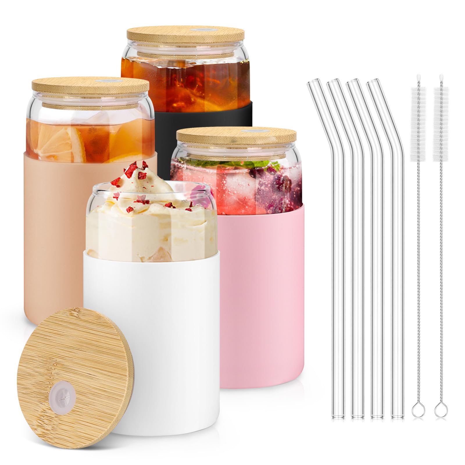 sungwoo Glass Cups with Bamboo Lids and Straws, 16OZ Ice Coffee Cup with Silicone Sleeve, Drinking Cup set with Wooden Lids, Home Essential Glass Tumblers for Beer, Cocktail, Tea and Latte 4 Pack