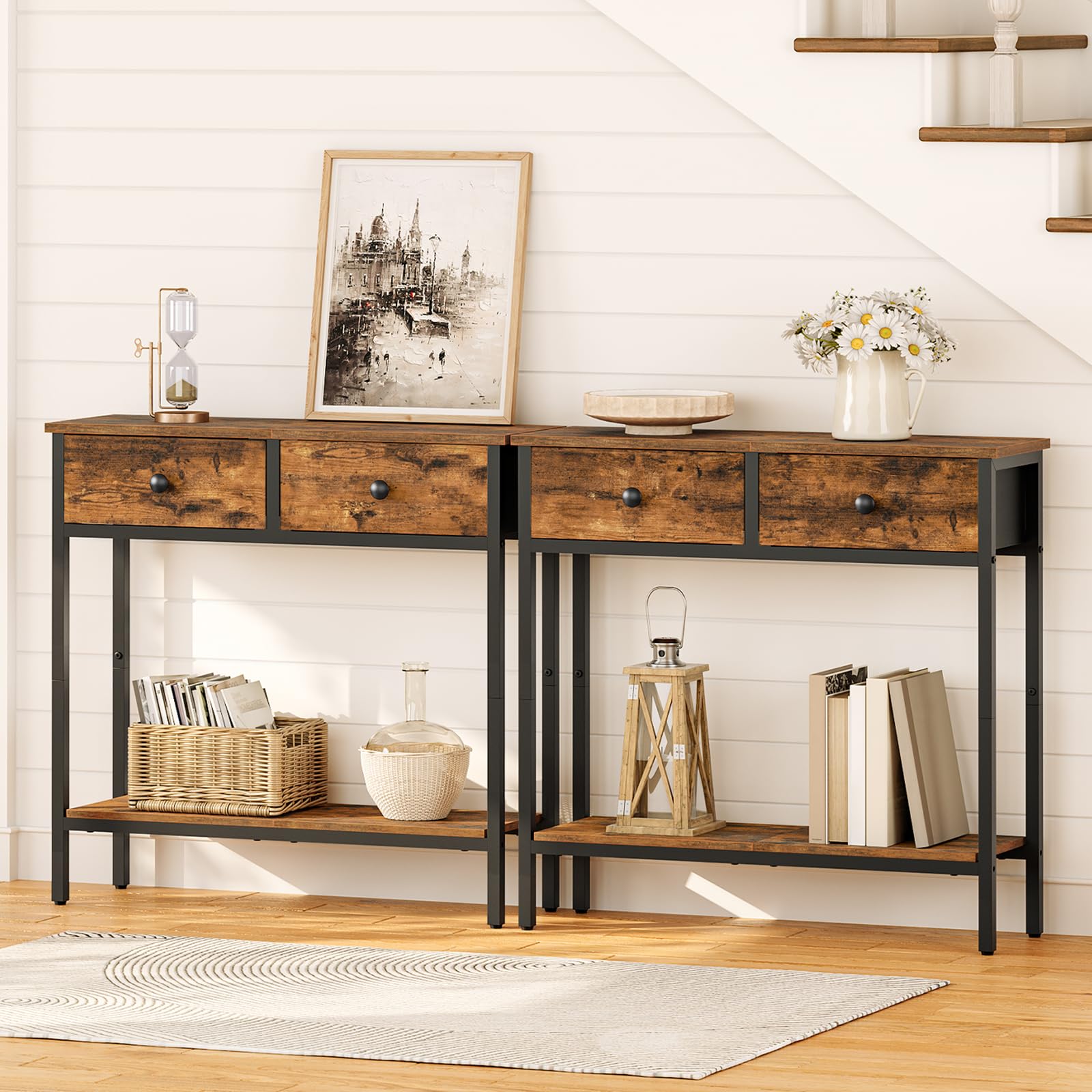 HOOBRO 29.5" Narrow Console Table with 2 Fabric Drawers, Small Entryway Table with 2-Tier Storage Shelves, Thin Sofa Table, Side Table, for Living Room, Hallway, Rustic Brown and Black BF71XG01