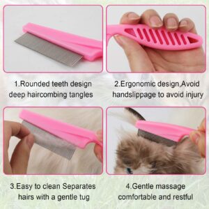 4pcs Flea Comb for Cats and Dogs, Double-Sided Fine-Tooth Lice Comb Tear Stain Removal Stainless Steel and Plastic Multifunctional Magic Pet Hair Cleaning Grooming Tools Brush(pink)