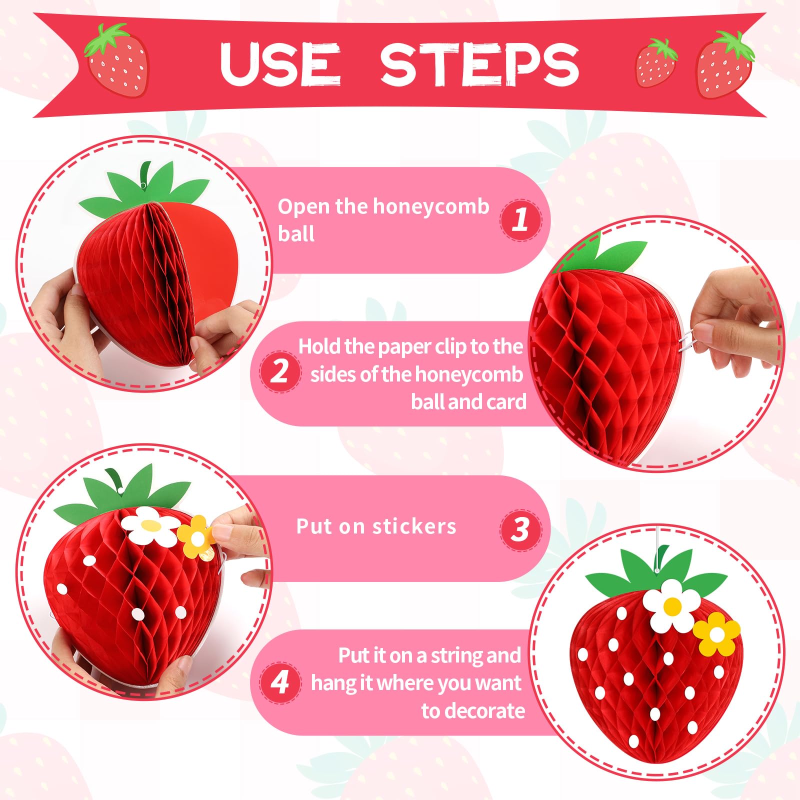 10 Pcs Strawberry Honeycomb Balls Strawberry Birthday Party Decorations Fruit Theme Table Centerpieces Tissue Paper Honeycomb Hanging Decors Strawberry Party Supplies for Baby Shower